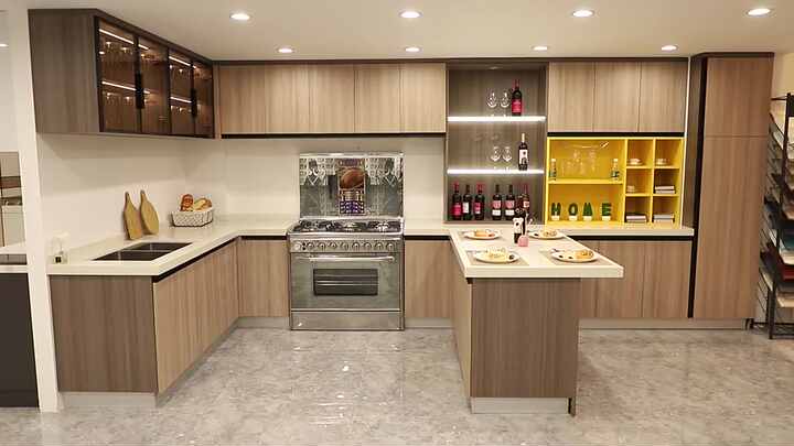 Modern Woodgrain Melamine MDF Kitchen Cabinets Set with Appliances ...