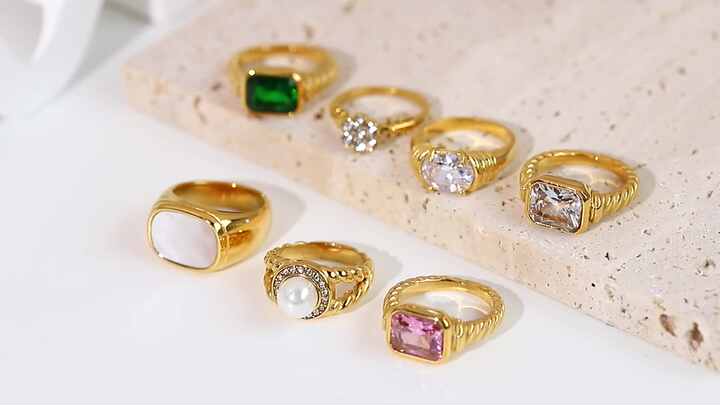 Elegant 18K Gold Stainless Steel Ins Rectangle Crystal Ring with ...