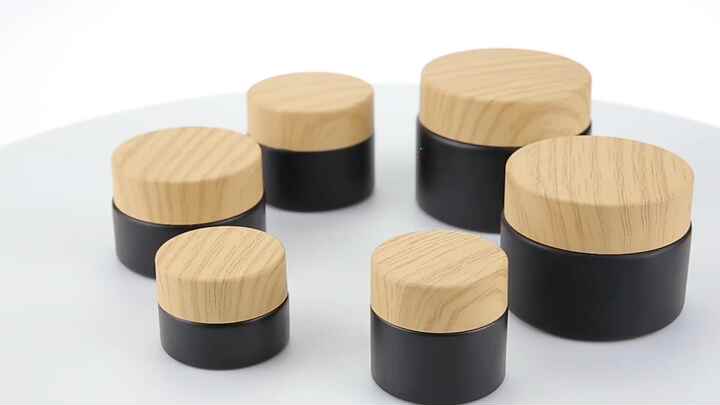 Small Cream Container Frosted Black Glass Cosmetic Jars with Bamboo ...