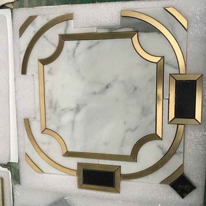 Classic Tile Flooring with Brass Tile Inlay and Marble Mosaics