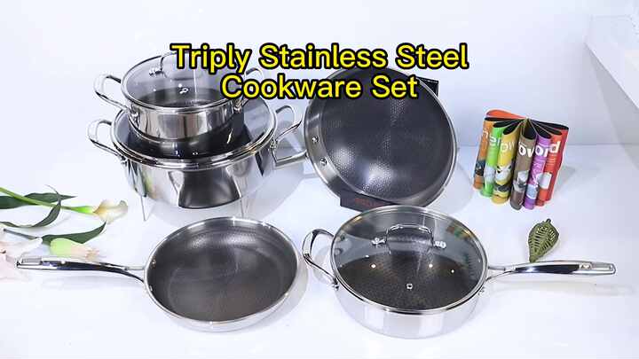 Tri-Ply Stainless Steel Cookware Set with Honeycomb Design - 13 Piece ...