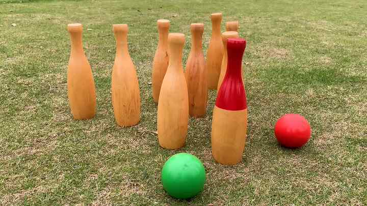 Outdoor Wooden Bowling Set for Kids and Adults - 10 Balls