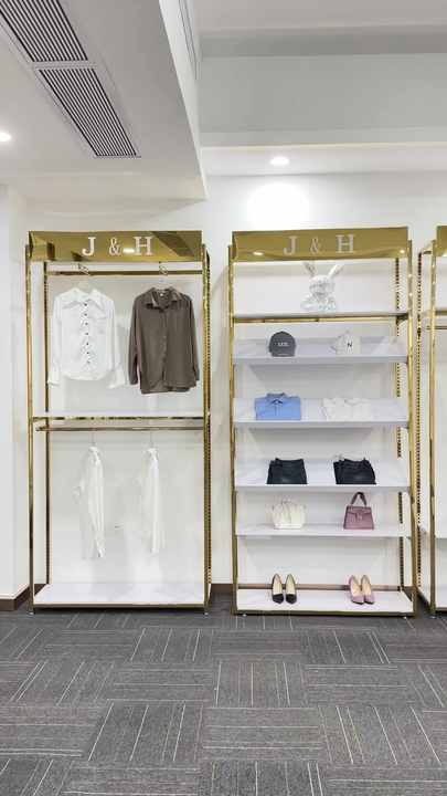 Clothes Shop Customized LOGO Garment Rack Stand Shelf Golden Clothing ...