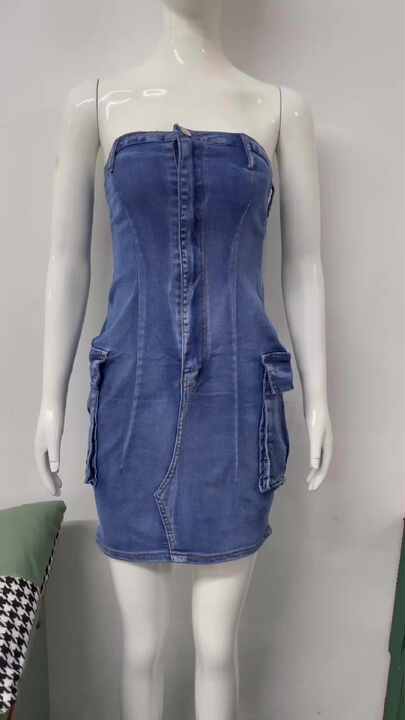 Sexy Casual Summer Strapless Cargo Dress Denim Dress Short Tube Dress ...