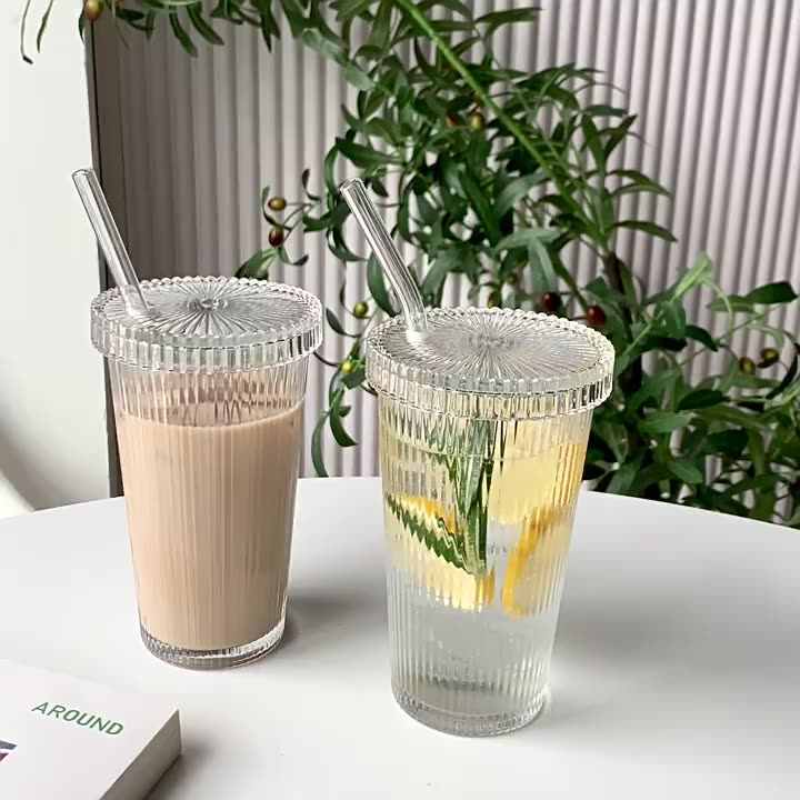 Seaygift 375ml Transparent Bubble Tea Cup Simple Ribbed Vertical ...