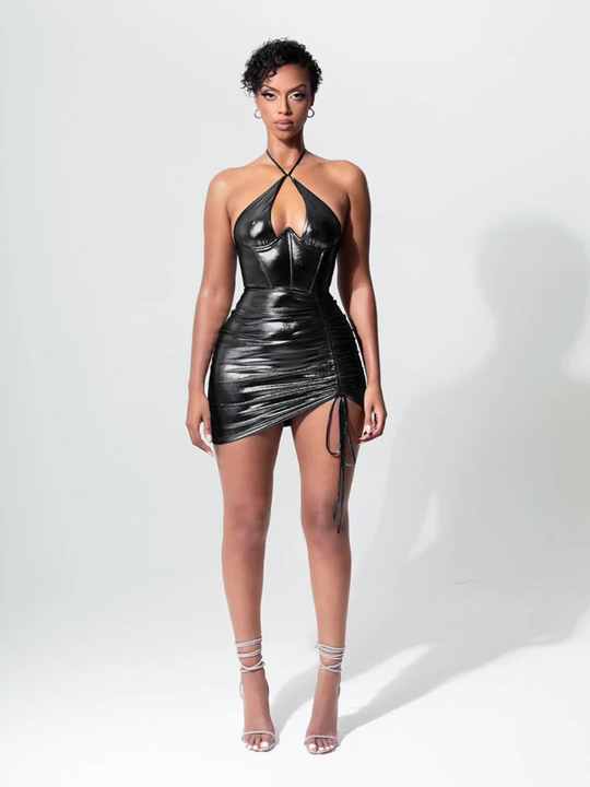 Shop Kliou K22D25349 Sexy Cleavage Shiny Halter Mini Dress