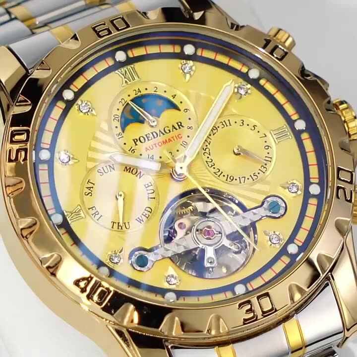 POEDAGAR Hot Sale Luxury Gold Automatic Men's Watch Stainless Steel ...