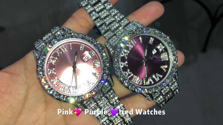 Iced Out Baby Pink Women Watches Bling Watch with Purple Dial