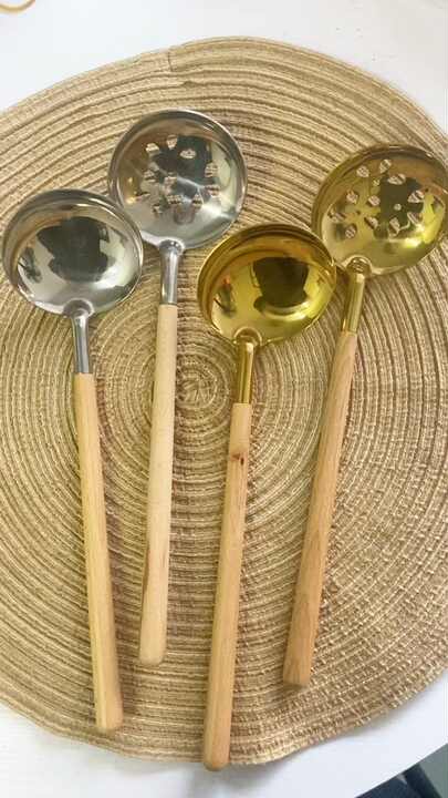 Korean Cooking utensils Wooden Handle Stainless Steel Soup Spoon and ...