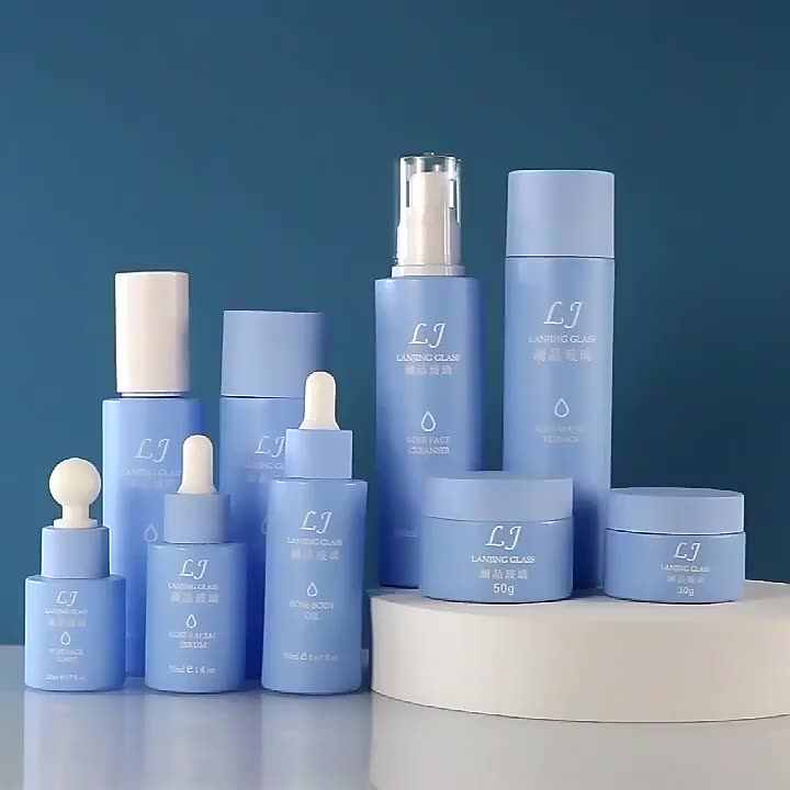 Luxury Empty Blue Cosmetic Packaging Glass Bottle Set Lotion Serum ...