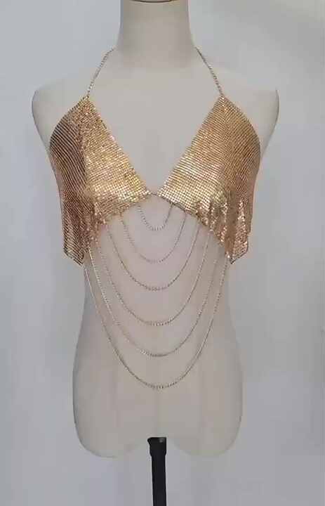 2023new Rhinestone Decor Chain Linked Halter Bralette