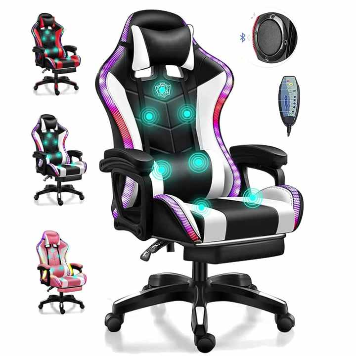 RGB Gaming Chair with Speakers and LED Light Ergonomic 7 Points Massage ...