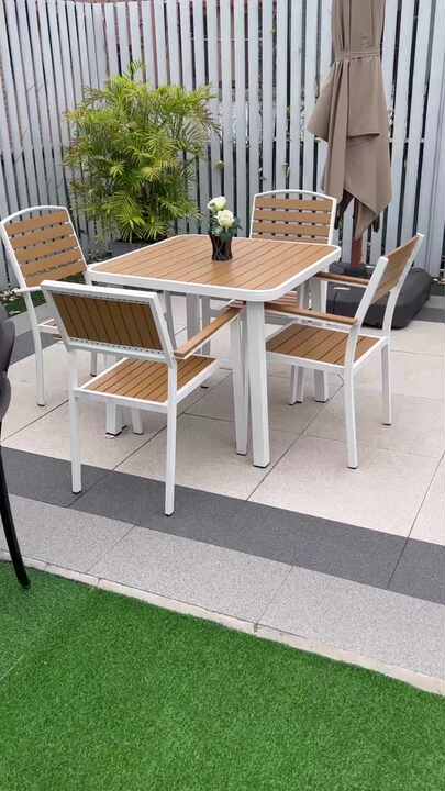 All weather coffee dining table set 4 chairs wooden outdoor patio ...