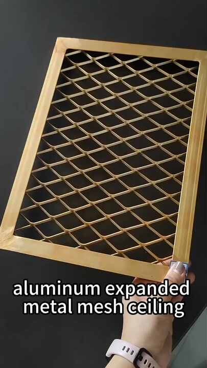 Gold Color Stretched Aluminum Expanded Metal Mesh With Frame Ceiling ...