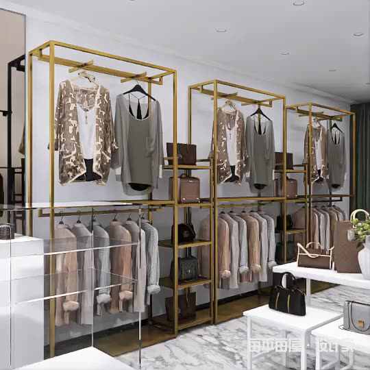 Diseño de mostrador dorado, rack personalizado para tienda de ropa