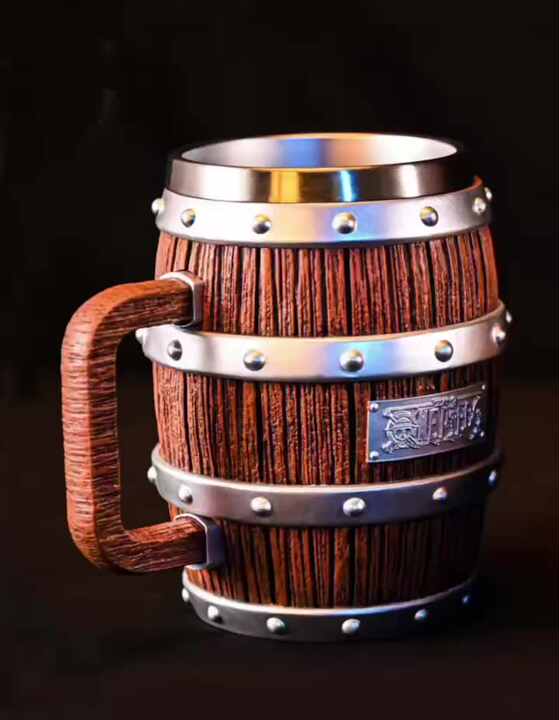 Personality Simulation Wooden Barrel Viking Resin Mug Stainless Steel ...