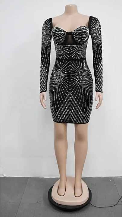 CX6243 Glitter Embellished Long Sleeve Rhinestone Club Dress ...