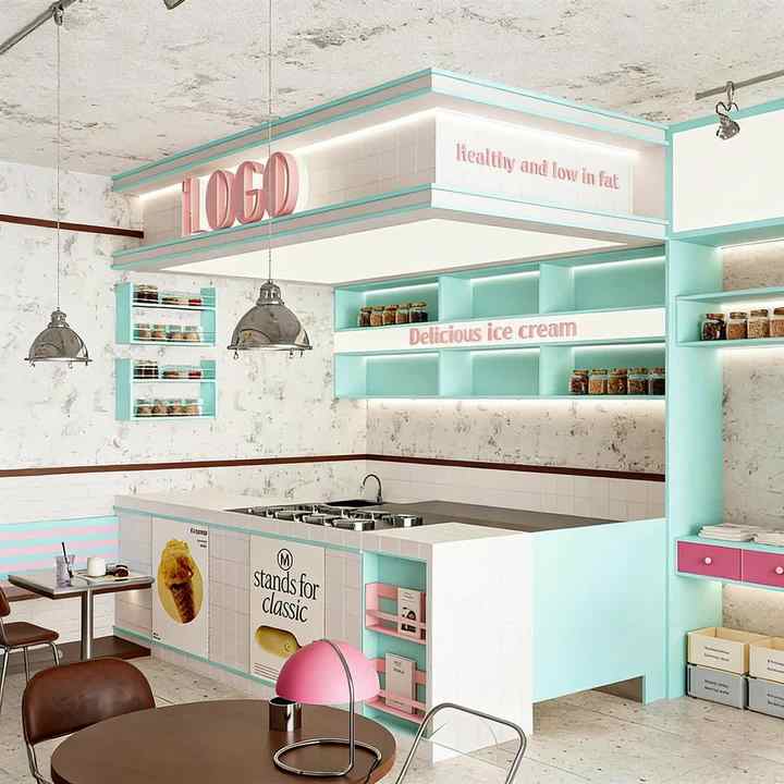 Retro Fresh Style Healthy Ice Cream Light Meal Shop Open Production Bar ...