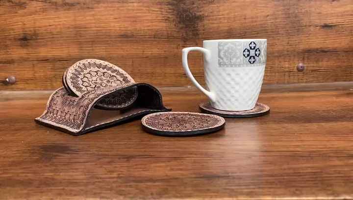 2025 Trending Hand Tooled Leather Coaster Set with Stand 4 Pcs Round ...