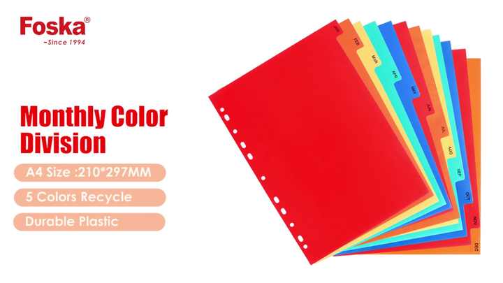 Foska Office Supplies A4 Size 12 Sheets Assorted Colors Plastic Monthly ...
