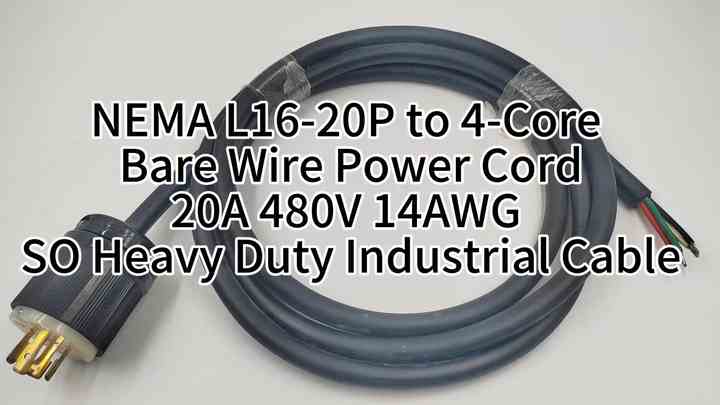 NEMA L16-20P to 4-Core Bare Wire Power Cord, 20A 480V 14AWG so Heavy ...