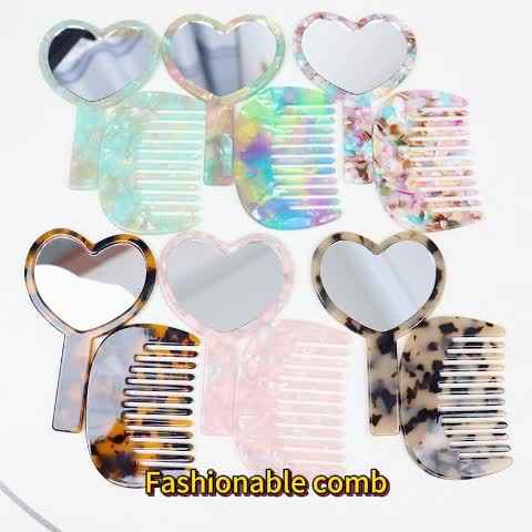 Assorted Color Acetate Hair Combs, 2-in-1 with Heart Mirror, Fashion ...