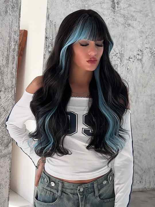 7JHHWIGS 28 Inch Women's Curly Wig Norwegian Blue with Highlights and ...