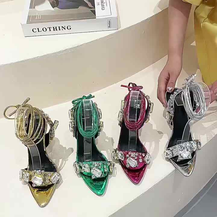 Newest Women Metallic Gold Diamonds Stiletto Heel Sandals Women Pointed ...