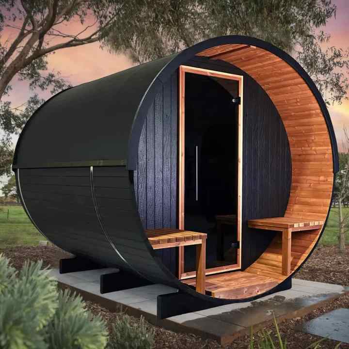 Oasis Solid Wood Black Barrel Sauna with Half Glass Window Wet Steam ...