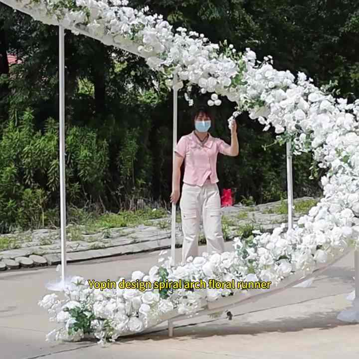 YOPIN-2807 Spiral Arch Floral Background White Silk Rose Flower Runner ...