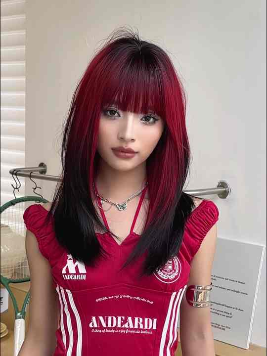 7JHHWIGS Wholesale Berry Red Straight Wig Bangs for Women's 22 Inch ...