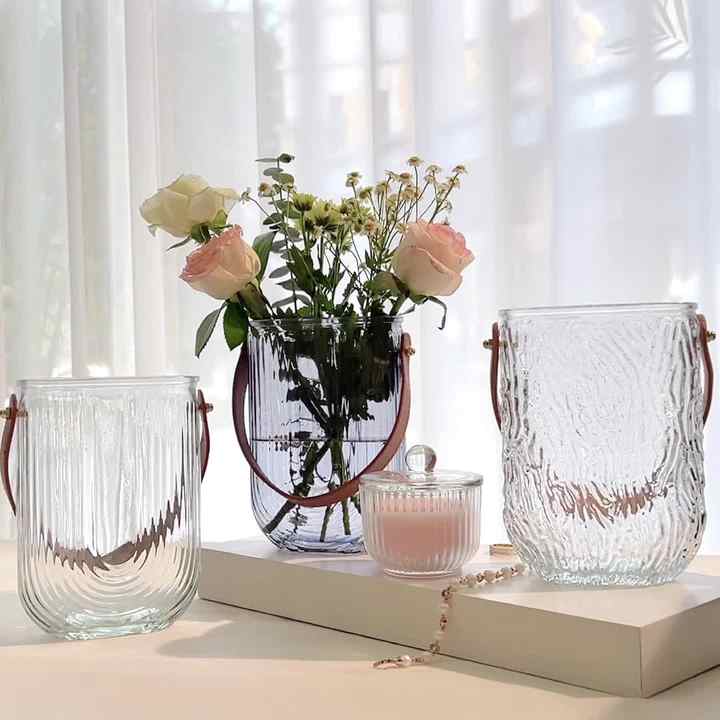 European Hand Blown Clear Glass Vase Modern Ribbed Design Artistic Eco ...