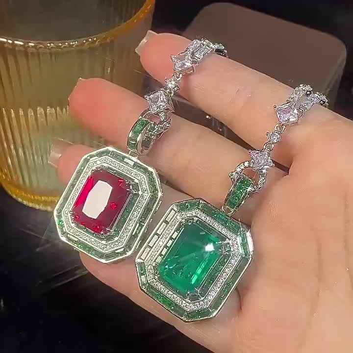 Brass Platinum-Plated 12*16 Emerald Cut Simulation Emerald Red Corundum ...