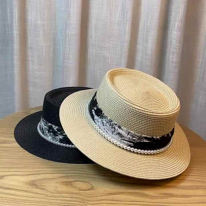 Straw Boater Hat with Pearl Decoration - French Elegance