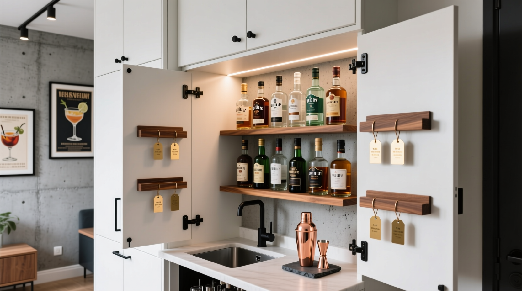 How To Organize A Compact Apartment Bar Using Magnetic Spirit Racks ...