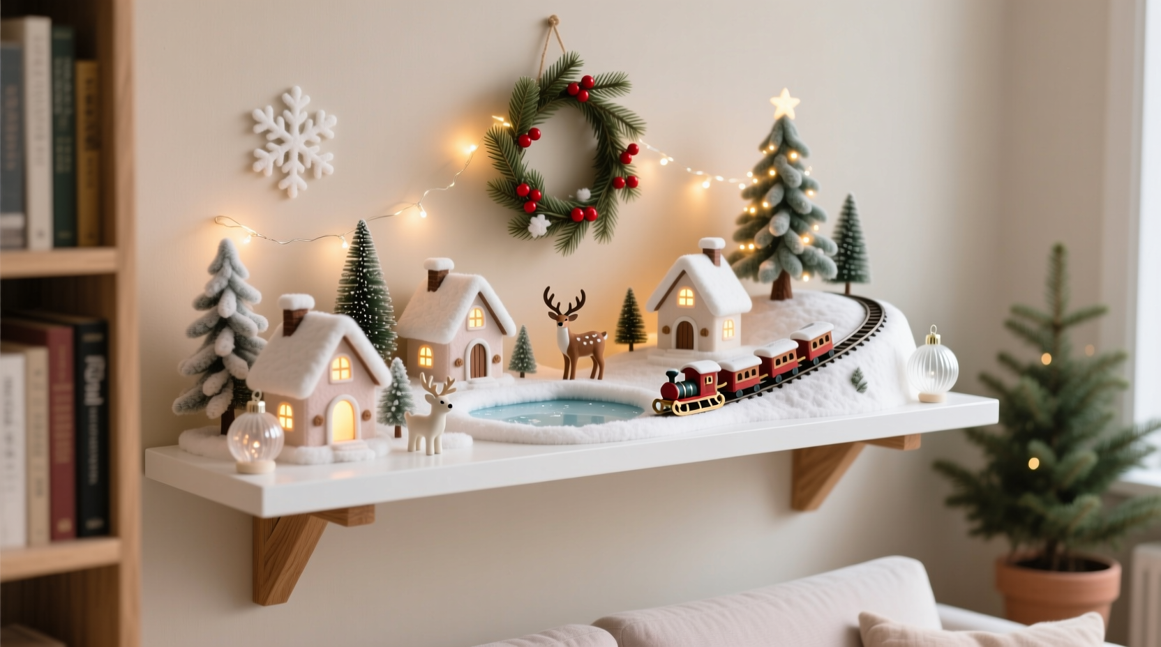 How To Decorate A Floating Shelf With Mini Christmas Scenes