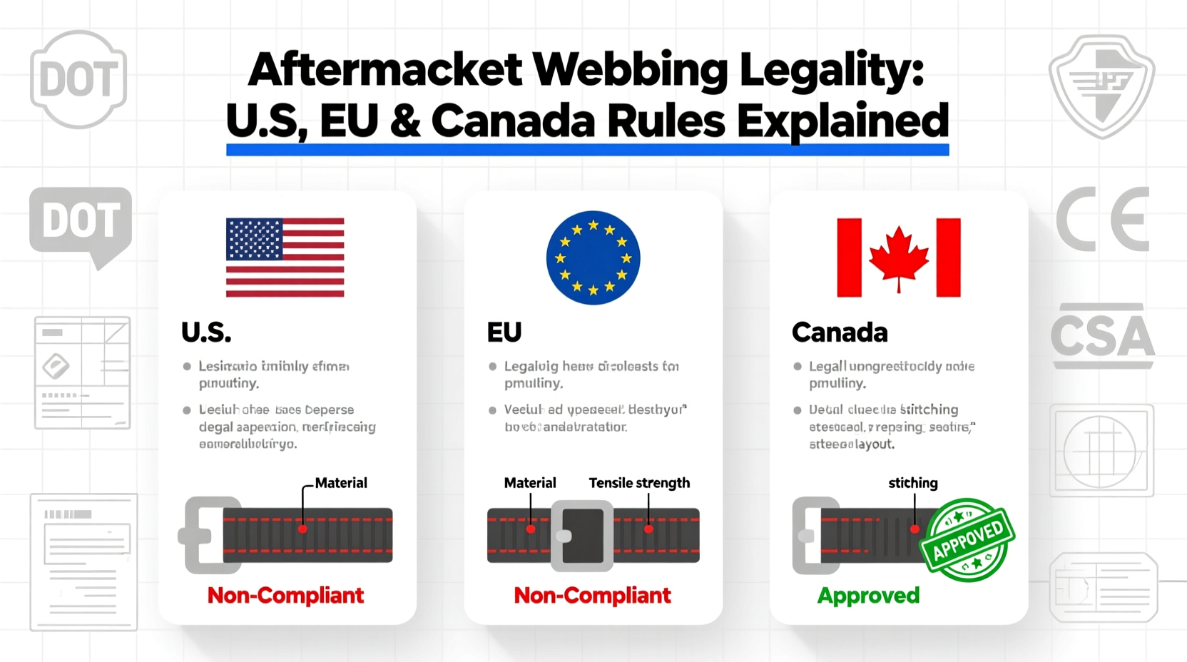Aftermarket Webbing Legality: U.S., EU & Canada Rules Explained