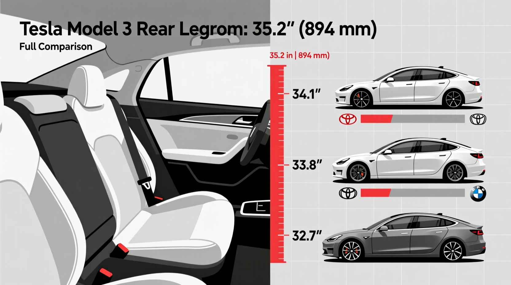 Tesla Model 3 Rear Seat Legroom: 35.2" (894 mm) — Full Comparison