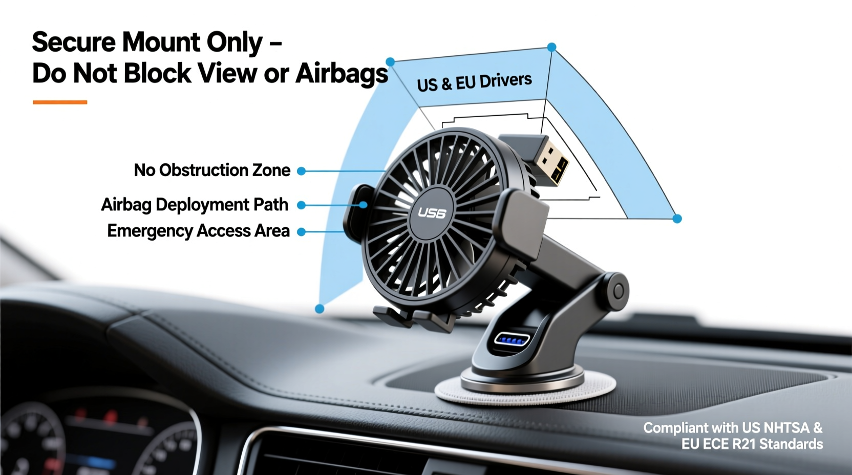 USB Fan Dash Installation Safety Guide for US & EU Drivers