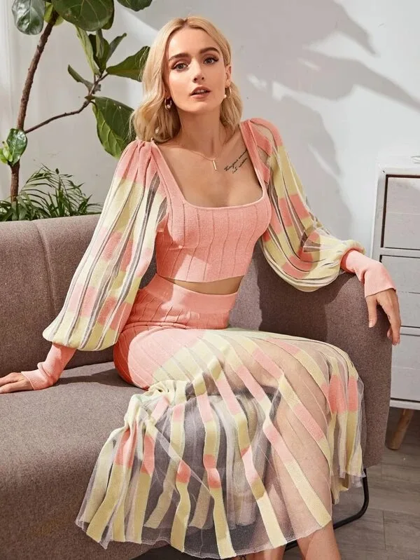 Casual Long Sleeve Polyester Pullovers Square Neck Knit Women Sweater Dress