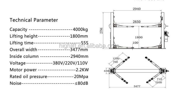 4.0T Red Car Lift 2 Post Car Lift Single Side Release Home Garage Use ...