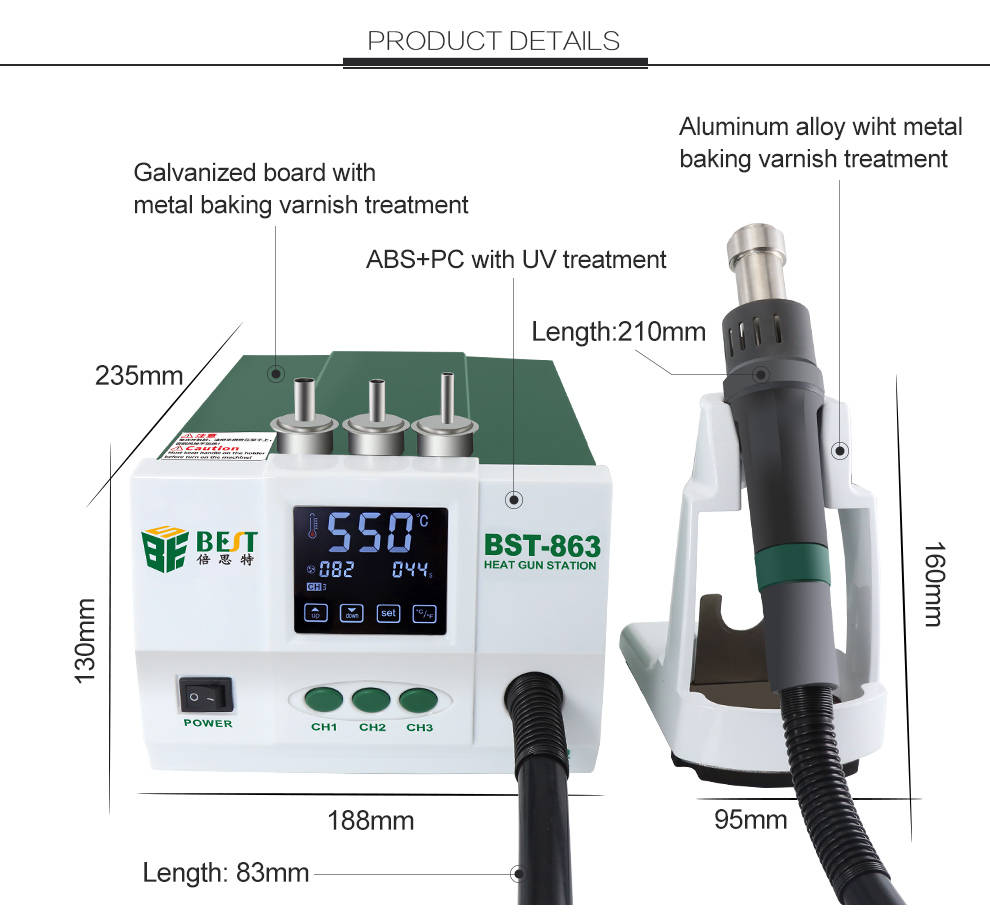 Bst-863 Khí Nóng Hàn Trạm Gun 1200 Wát Smt Rework Hot Air Soldering St ...