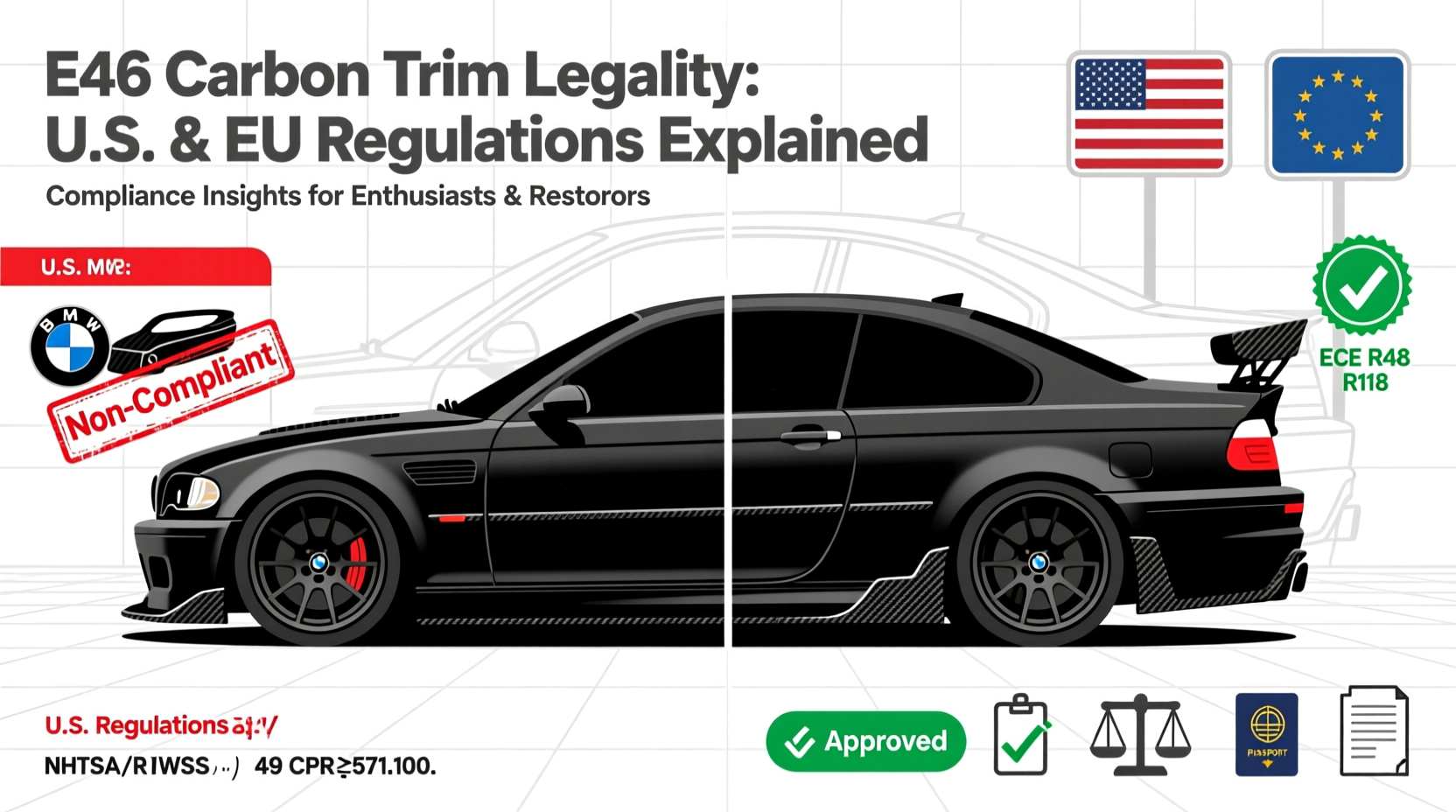 E46 Carbon Trim Legality: U.S. & EU Regulations Explained