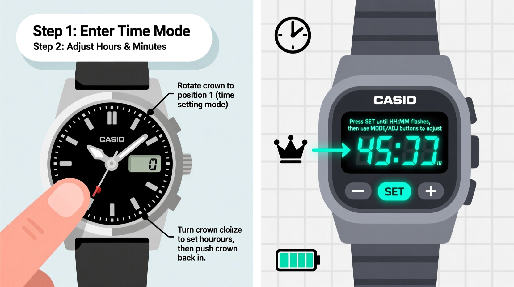 Step By Step Guide To Setting Time On Casio Analog And Digital Watches ...
