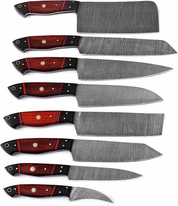 8 Pcs Damascus Steel Kitchen Chef Utility Chef Style Knife Set With 8 Pocket Roll Case Leather ...
