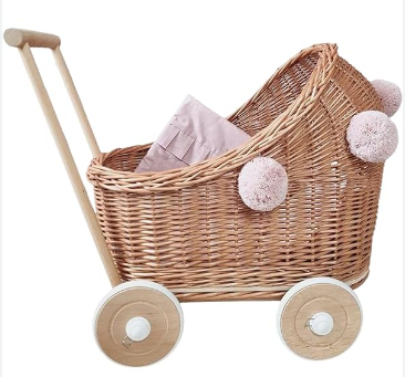 Natural Wicker Doll Pram - Handwoven Rattan Toy Stroller with Wooden ...