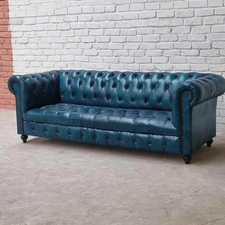 New Design Sea Blue Color Tufted Chesterfield 3-Seater Leather Sofa Set ...
