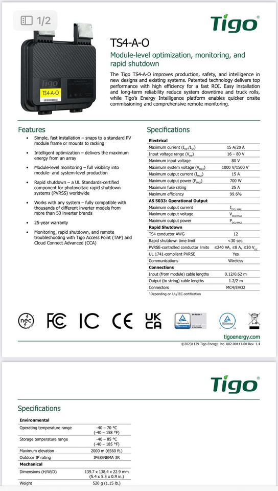 TIGO TS4-A-O PV Optimizer - 15A, 700W in Stock for Solar Panels
