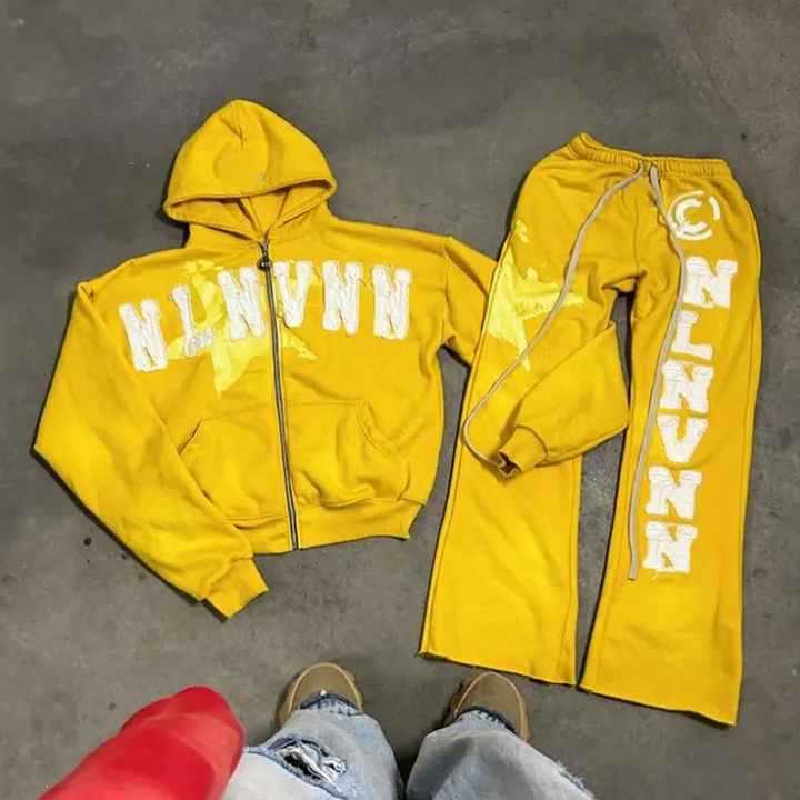 Custom Applique Distressed Patch Embroidered Acid Washed Tracksuits Set ...