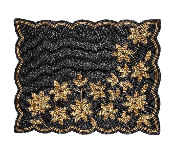 Black Rectangular Flower Beaded Placemat Best for Table Decor Home ...